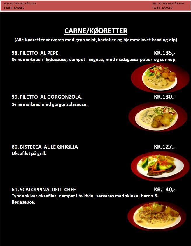 Carta de pizzería Cocco Bello, Randers