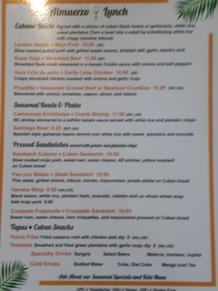 Menu at Cousins Cuban Cafe, Black Mountain