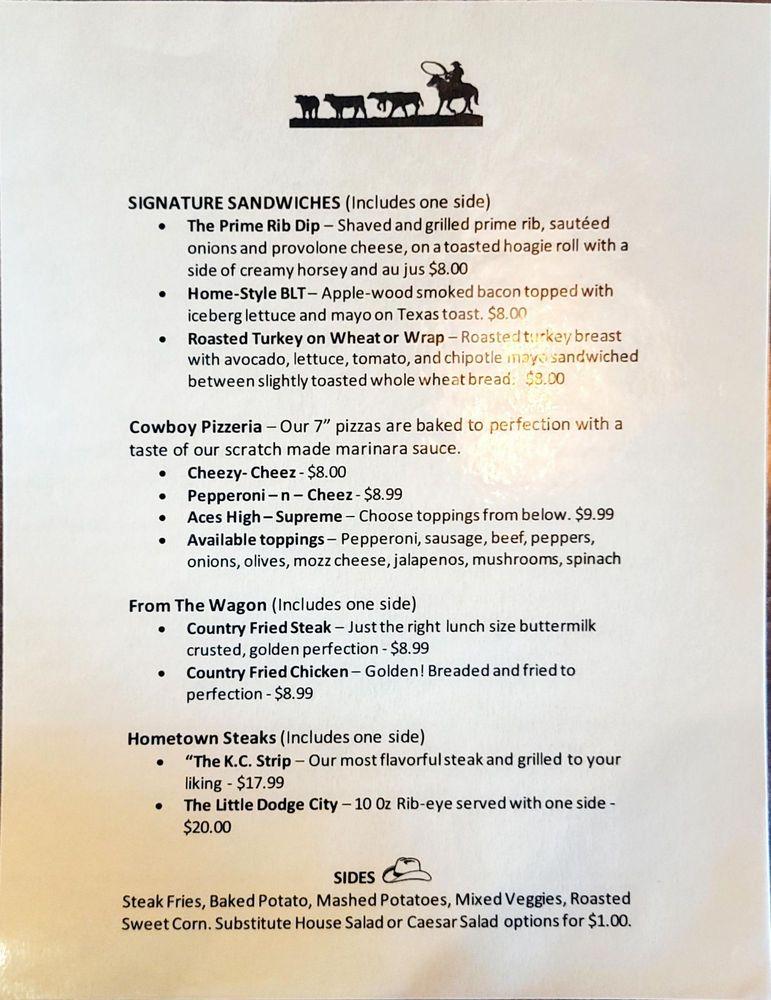 Menu at The Cowboy Capital Saloon & Grill pub & bar, Dodge City