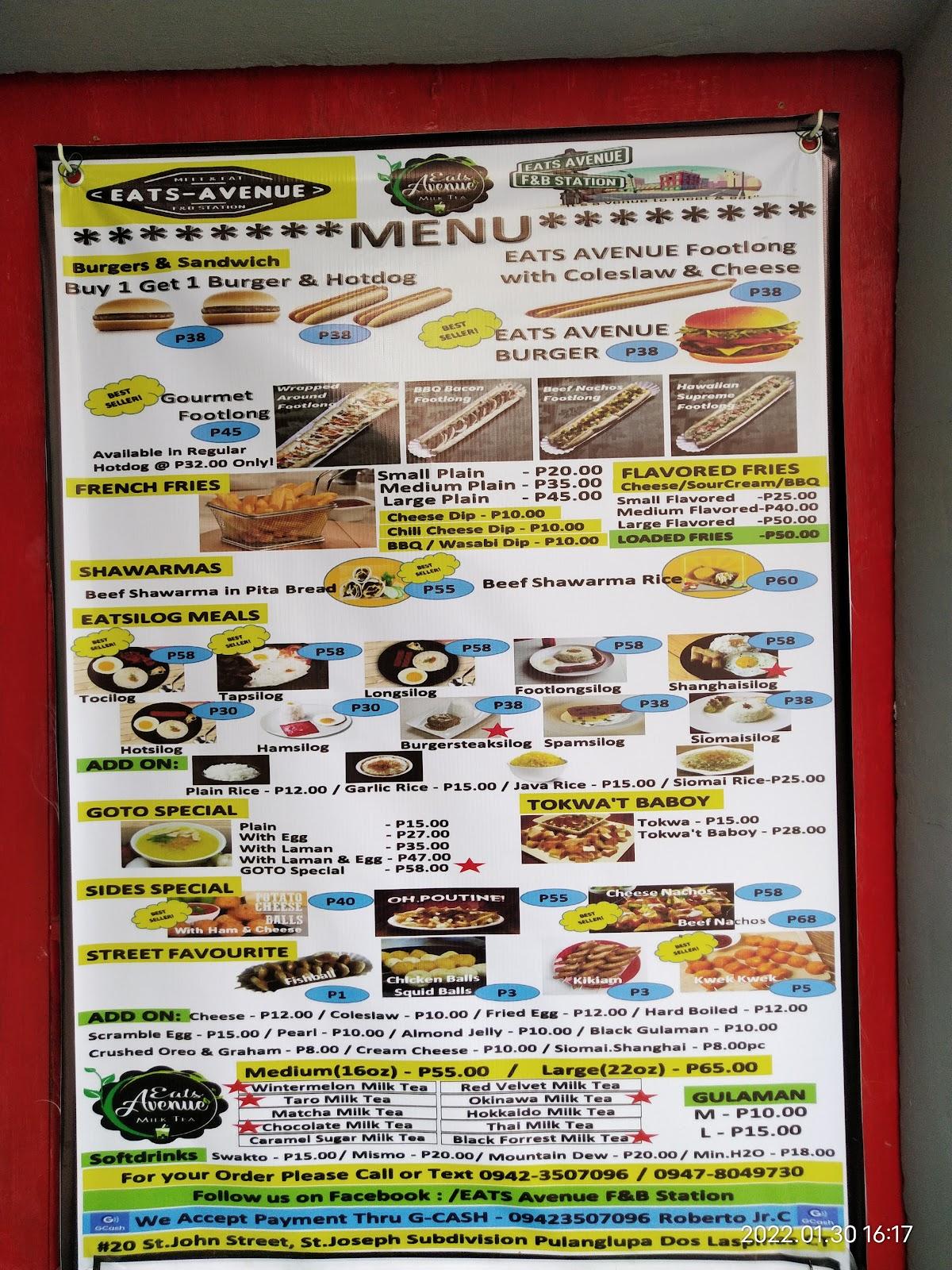 Menu at Eats-Avenue F&B Station restaurant, Las Pinas