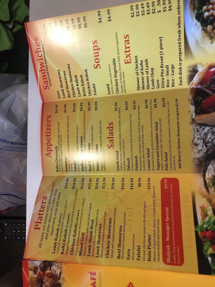 Menu at Hala Cafe, Euless