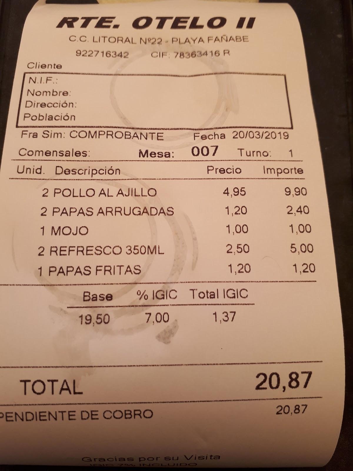 Menu at Otelo2 restaurant, Costa Adeje