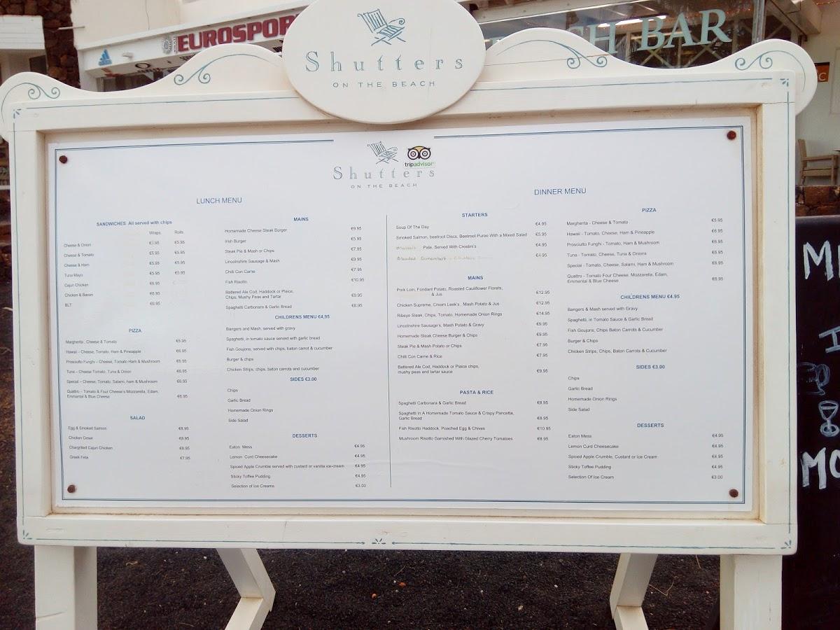 Menu at Shutters On The Beach restaurant, Costa Teguise