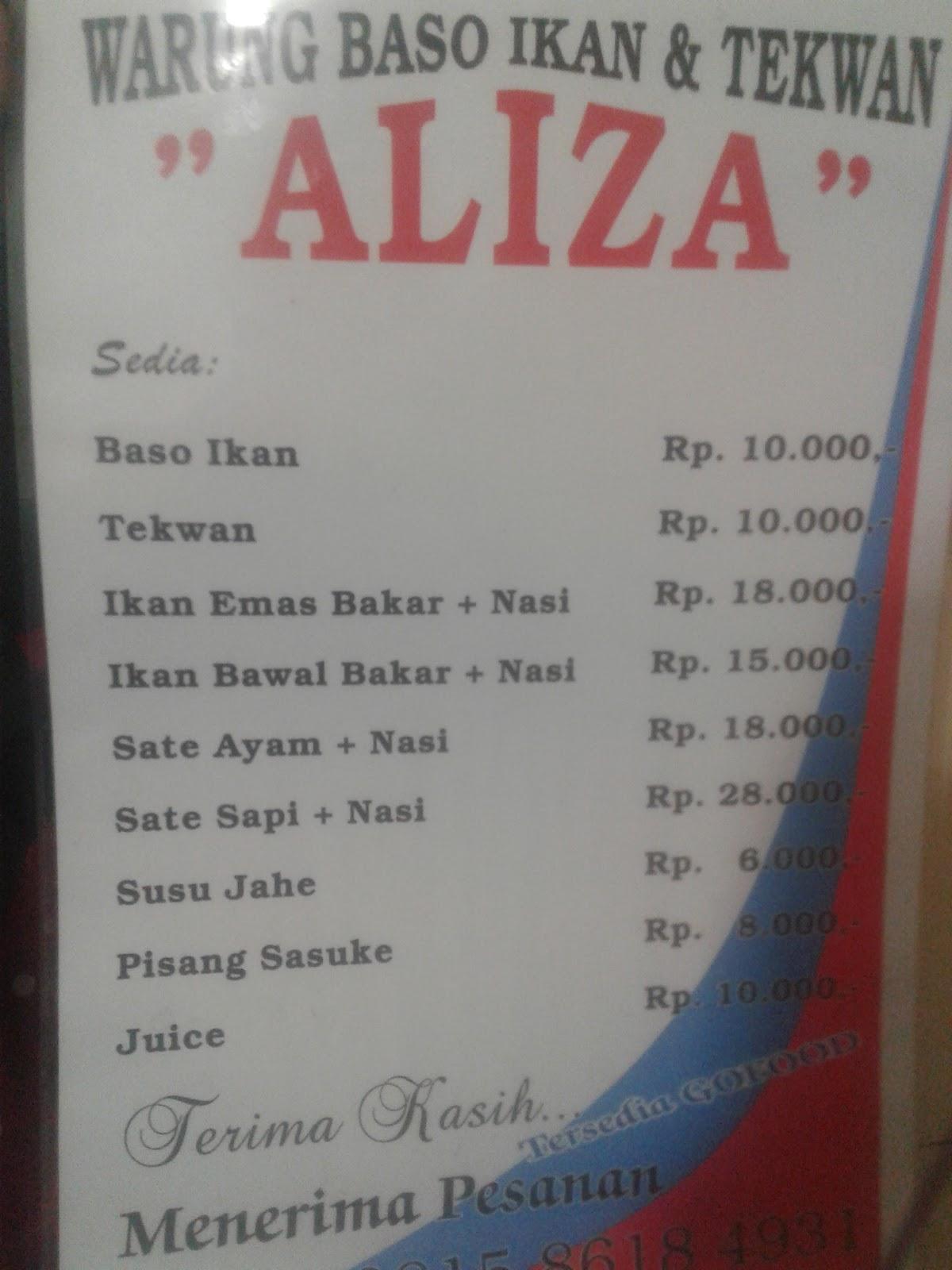 Menu at TEKWAN DAN BAKSO IKAN ALIZA restaurant, Tangerang
