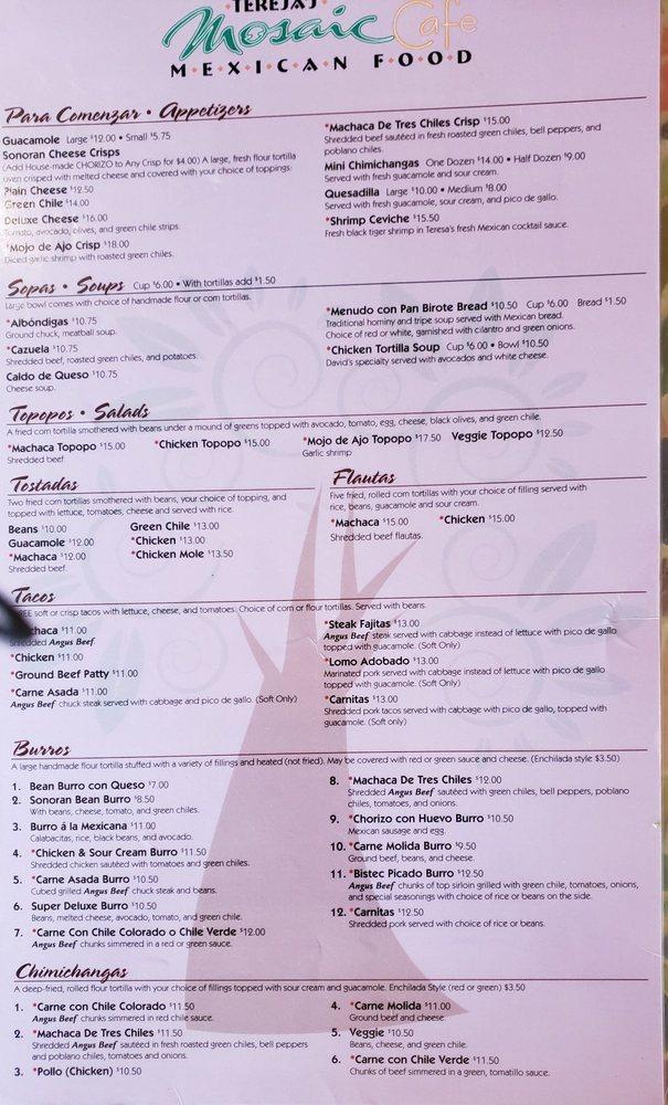 Menu at Teresa's Mosaic Cafe, Tucson, N Silver Mosaic Dr