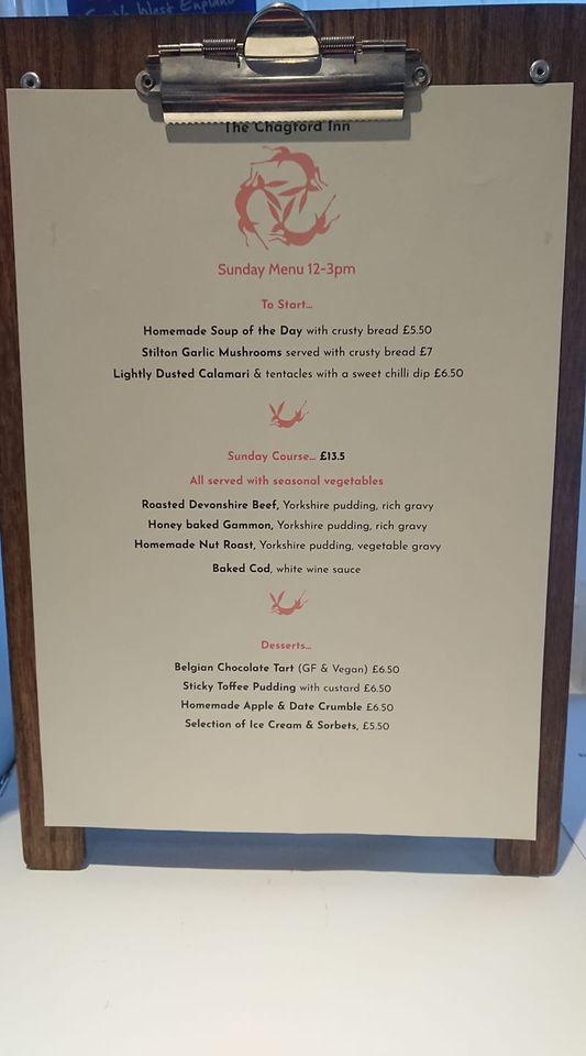 Menu at The Chagford Inn restaurant, Chagford