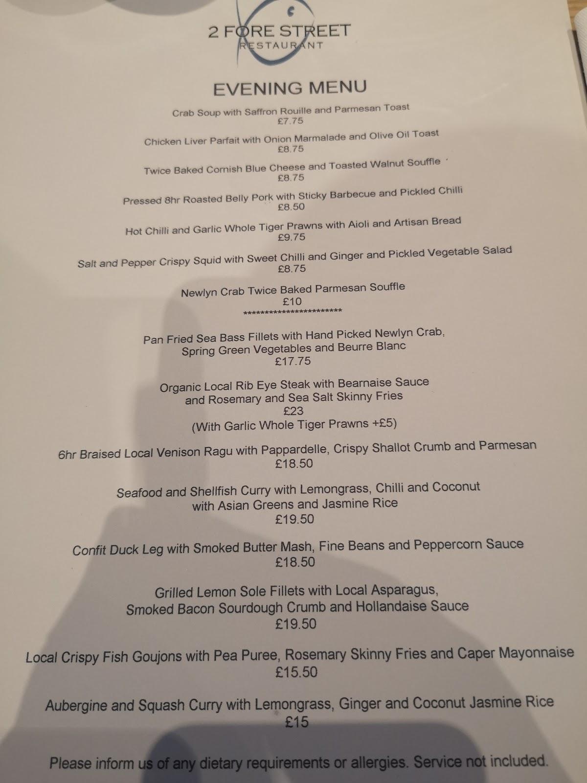 Menu at 2 Fore Street Restaurant, Penzance
