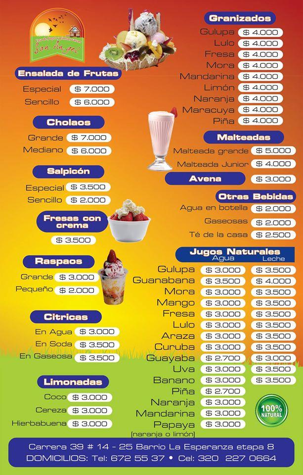 Menu at Casa de jugos y pintxos vascos San Angel" restaurant, Villavicencio