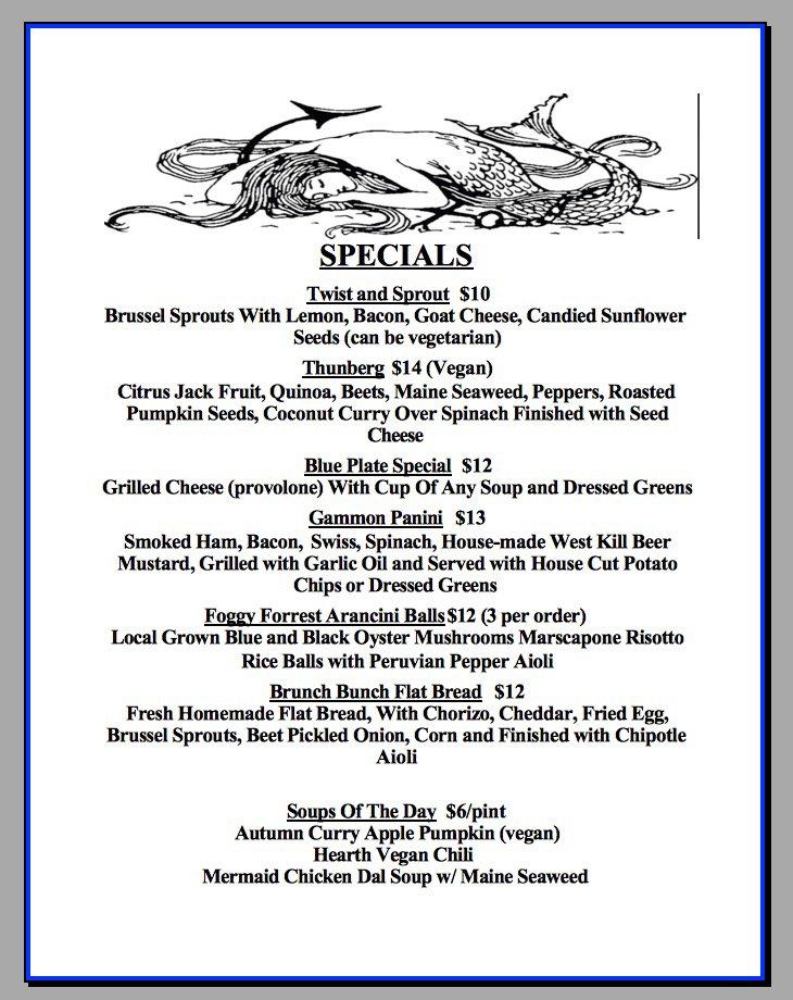 Menu at Mermaid Cafe, Catskill