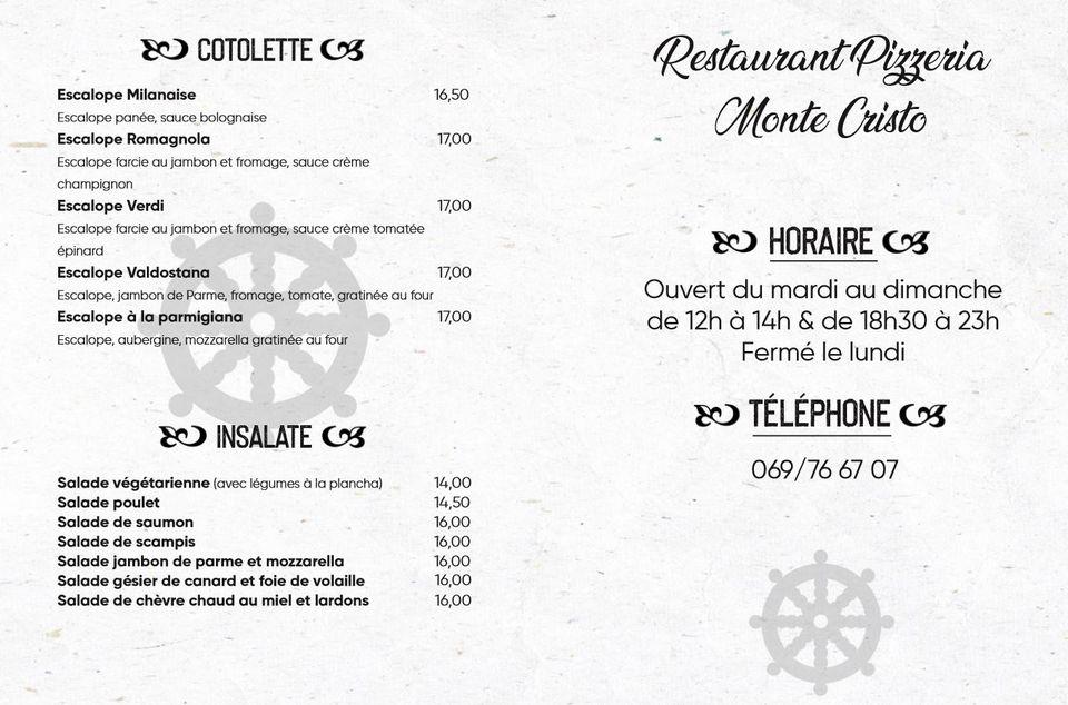 Menu au Pizzeria Monte Cristo, Tournai