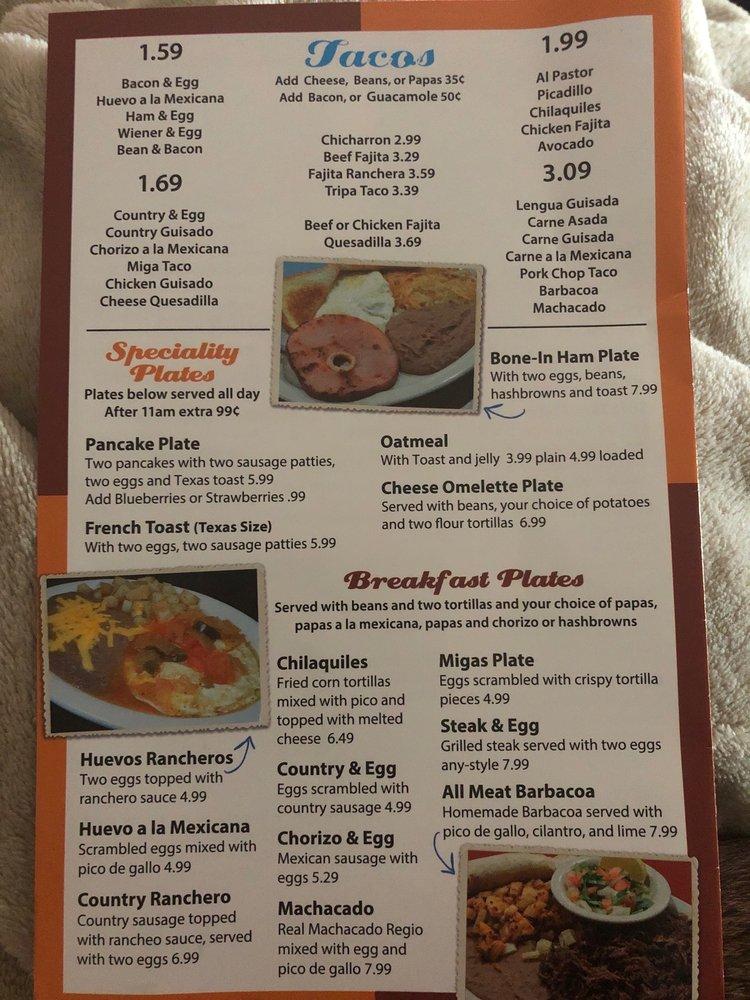 Menu at Tia's Taco Hut restaurant, New Braunfels