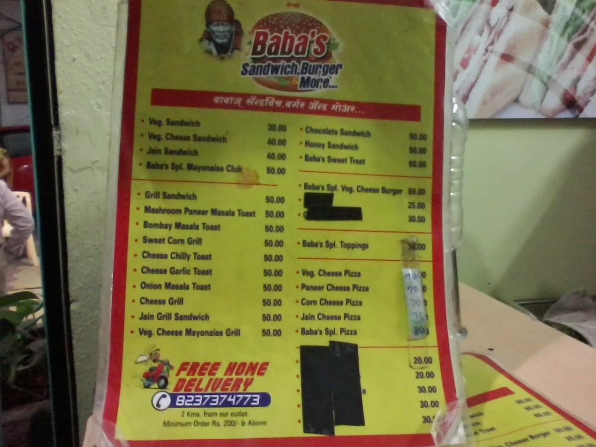 Menu at Baba's Sandwich, Burger & More, Pune