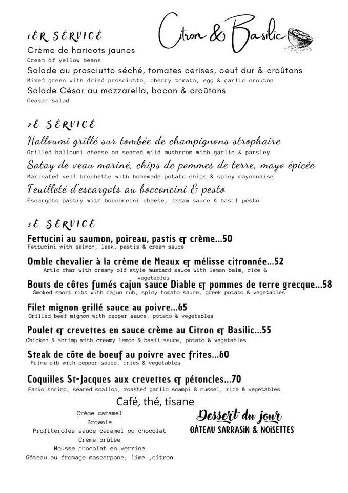 Menu au Restaurant Citron et Basilic, Huntingdon