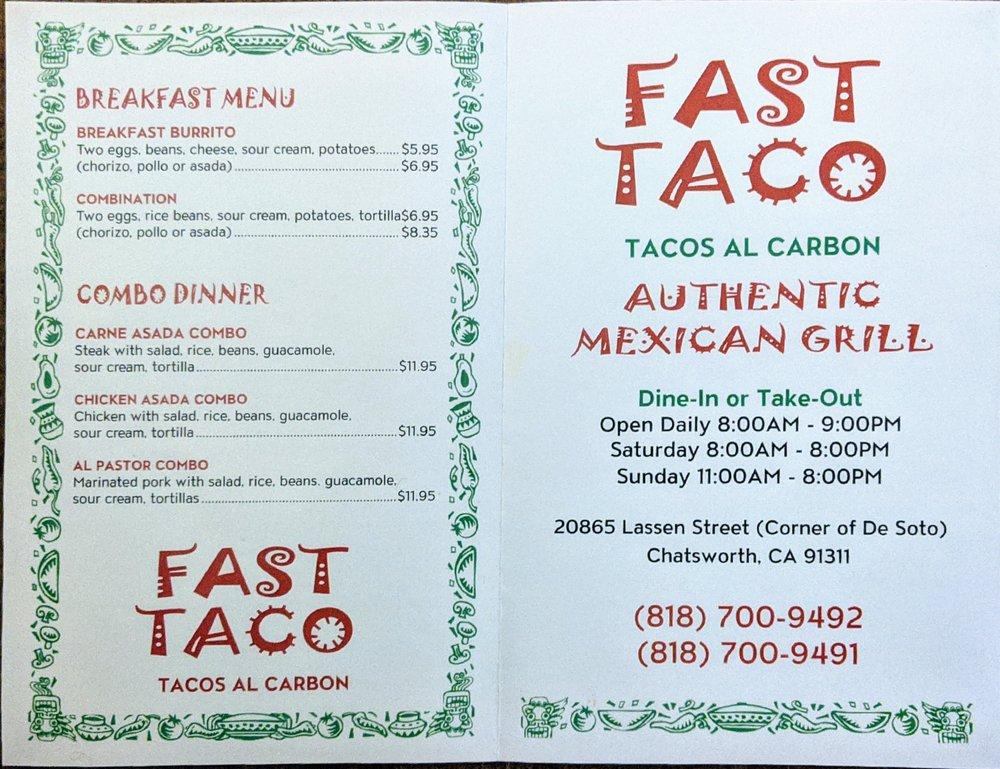 Menu at Fast Taco restaurant, Los Angeles, Lassen St
