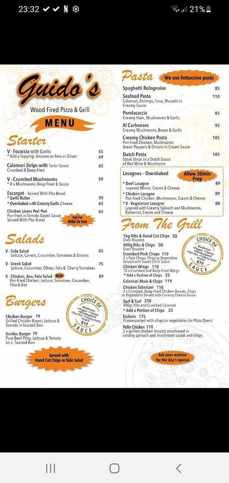 Menu at Guidos kraggakamma family restaurant, Port Elizabeth