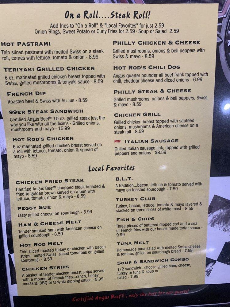 Menu at Hot Rod Diner restaurant, Turlock