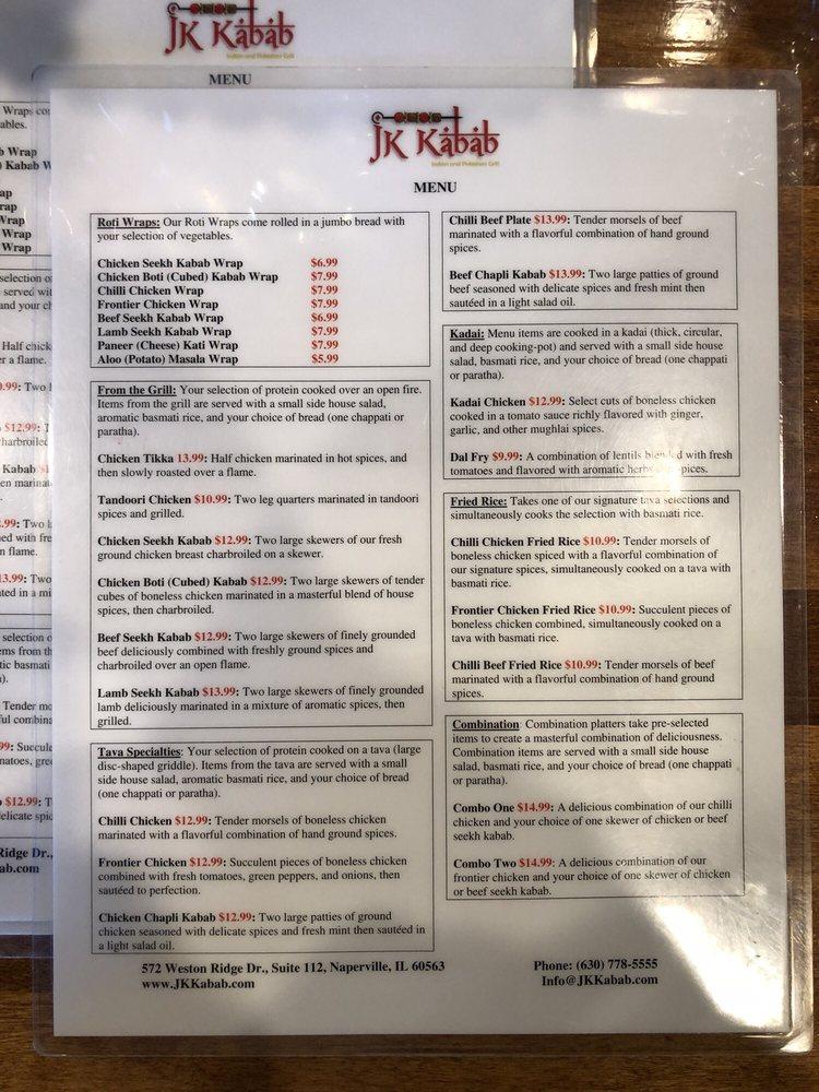 Menu at JK Kabab restaurant, Naperville