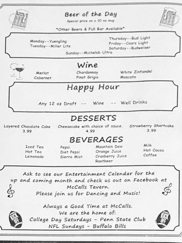 Menu at McCall's Tavern pub & bar, Lady Lake