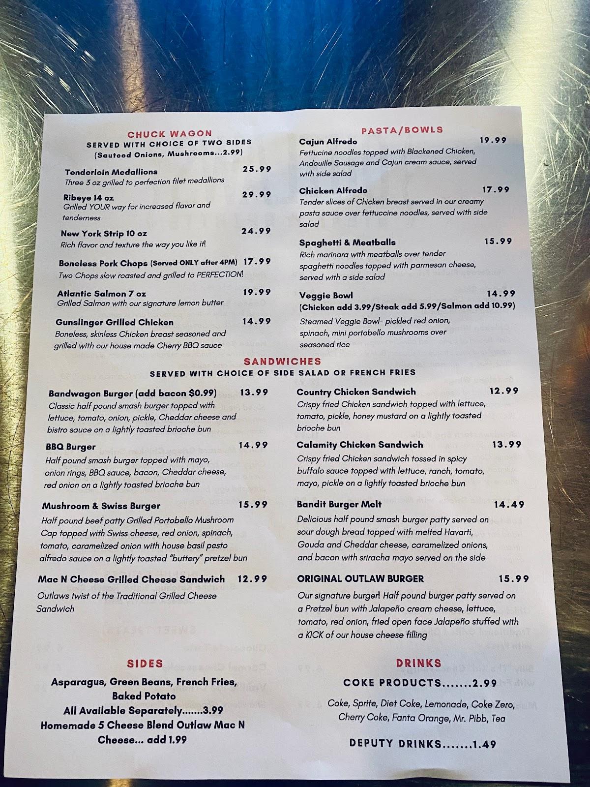 Menu at Outlaws Steaks Burgers Brews steakhouse, Noblesville