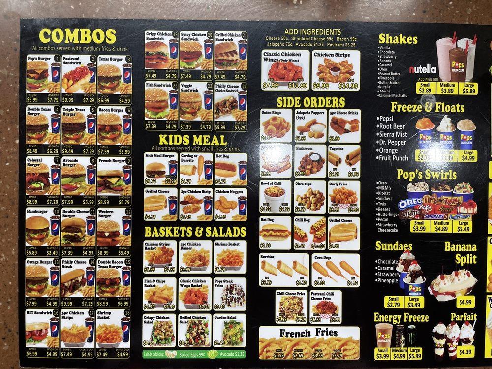 Menu at Pop's Drive-in restaurant, Bakersfield, Taft Hwy