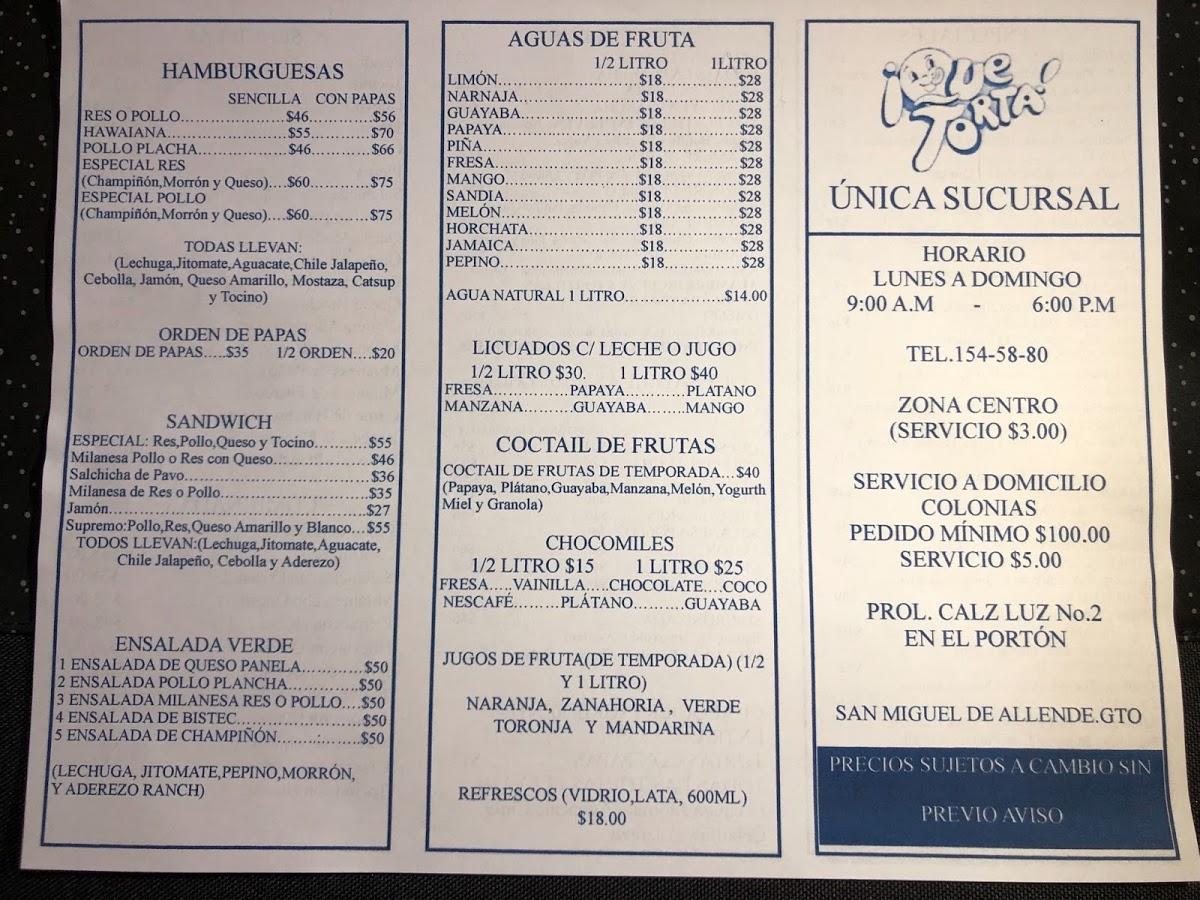 Carta del restaurante ¡Que Torta!, San Miguel del Allende