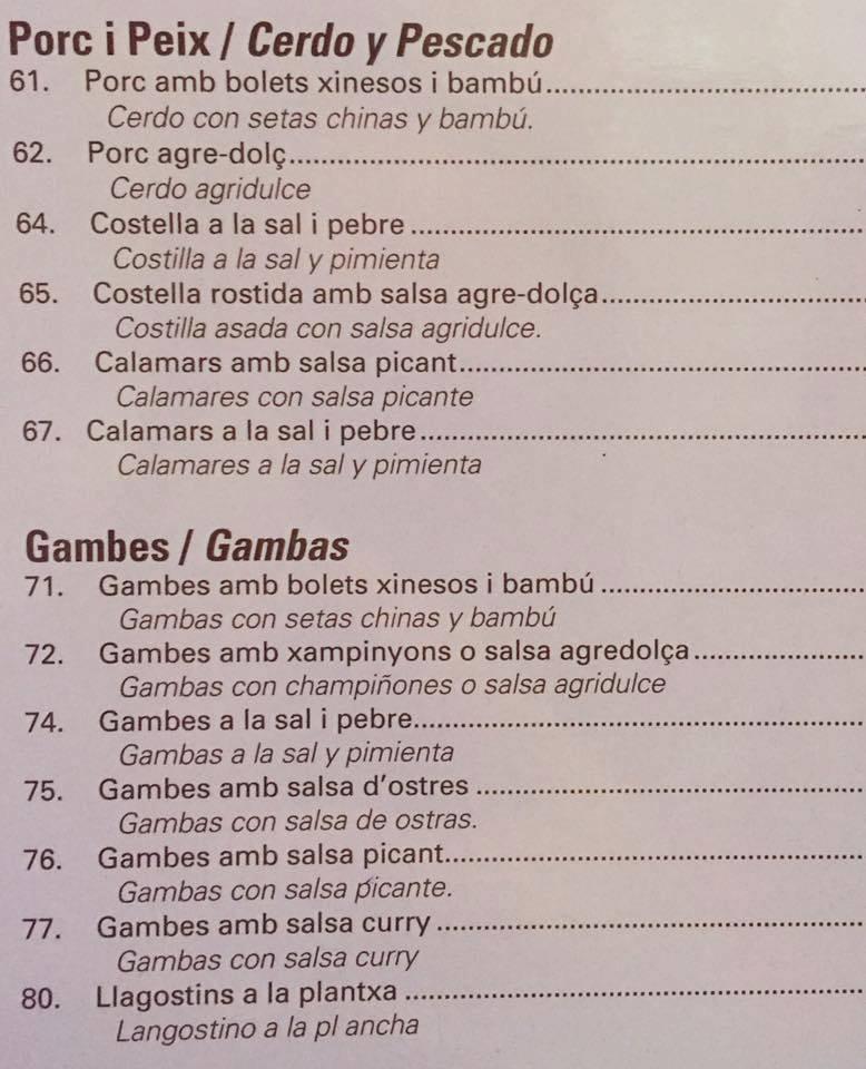 Carta de Restaurant Gran Muralla, Cardedeu