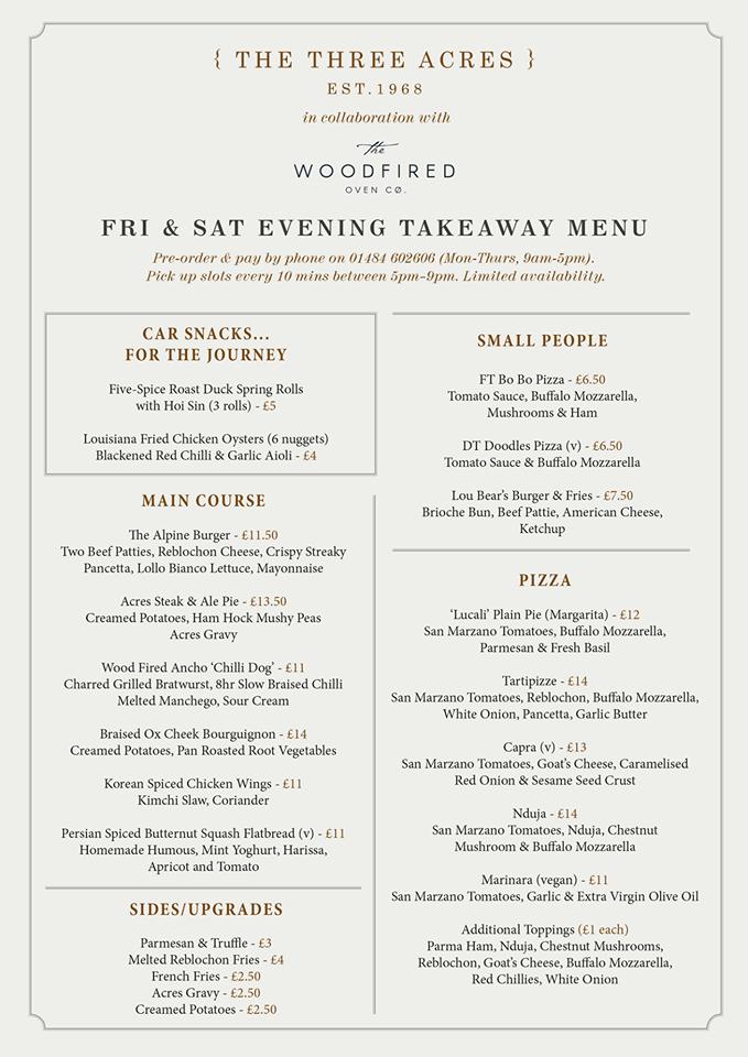 Menu at Three Acres Inn & Restaurant, Huddersfield, Three Acres Inn