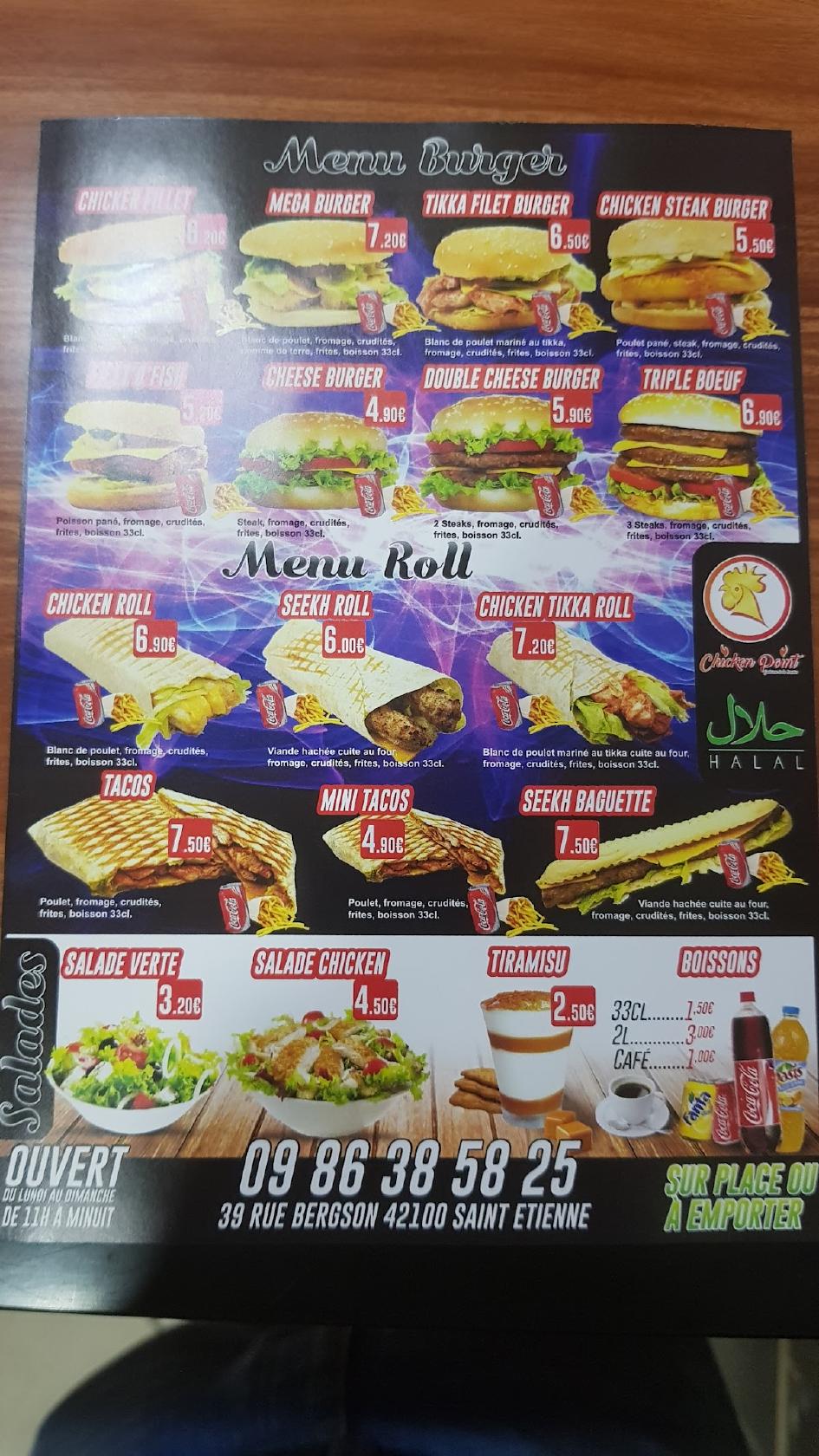 Menu at Chicken Point restaurant, Saint-Étienne