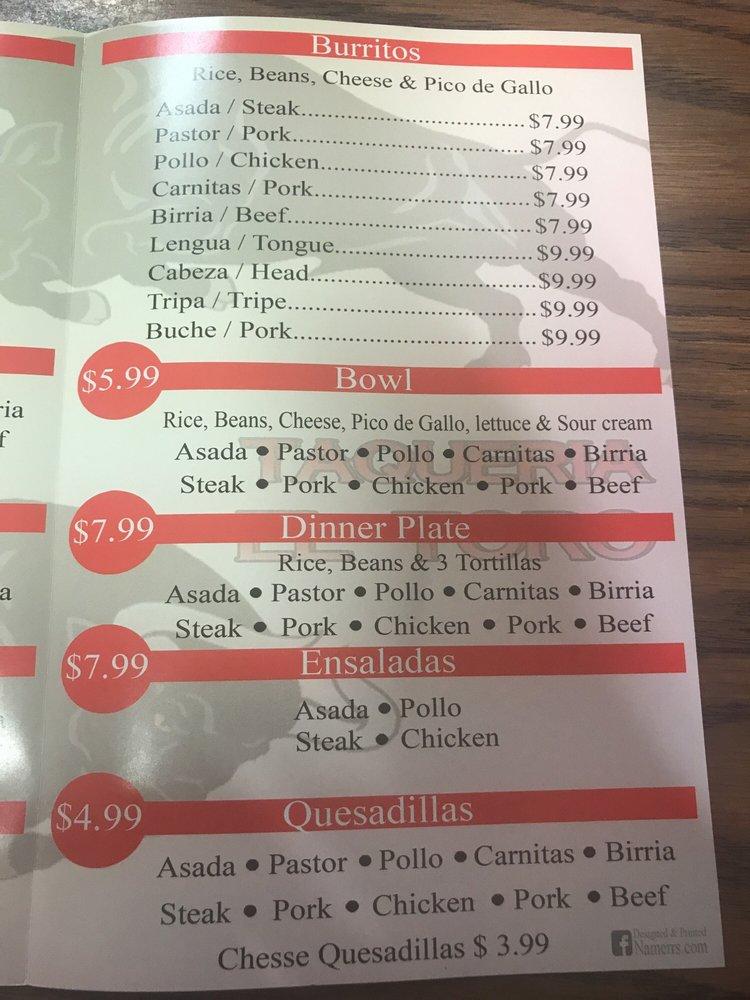 Menu at El Toro Taqueria restaurant, Hemet