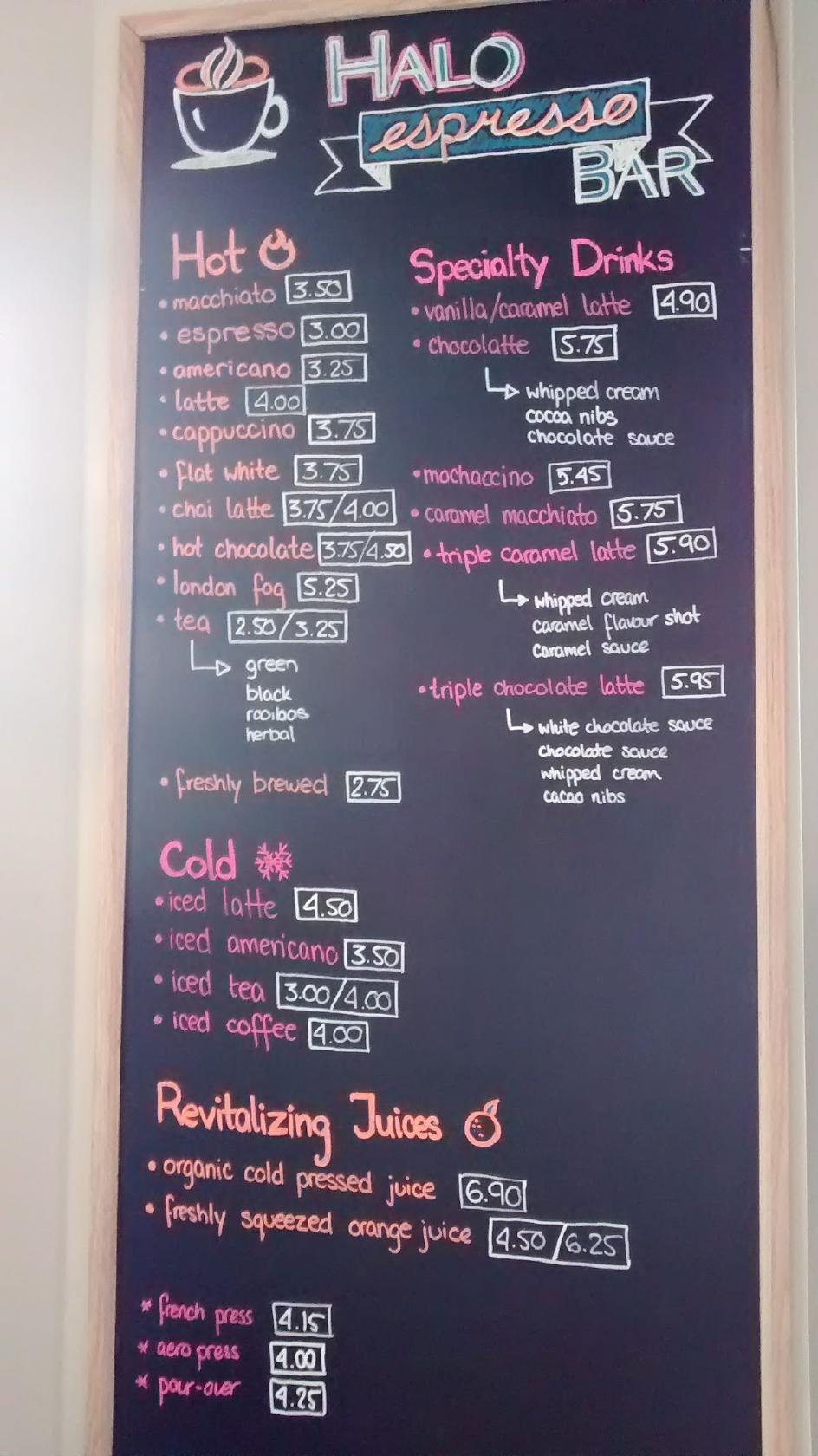 Menu at Halo Espresso Bar, Mississauga