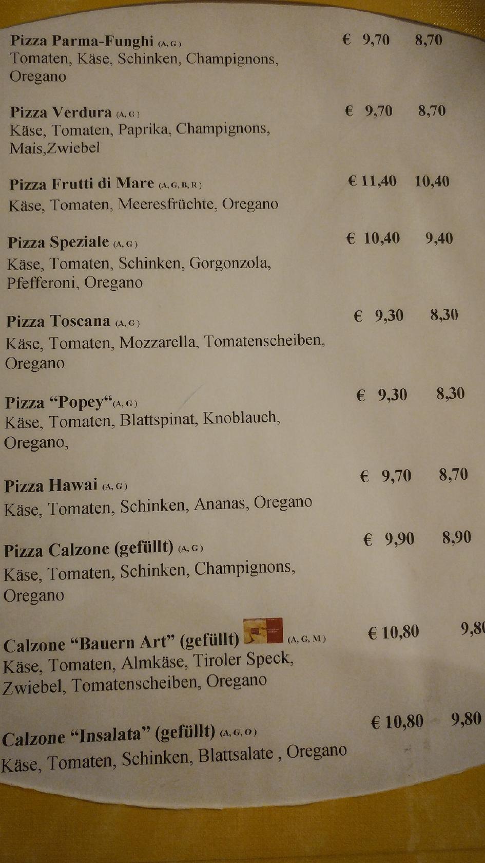 Speisekarte von Pizzeria Peppone, Galtür