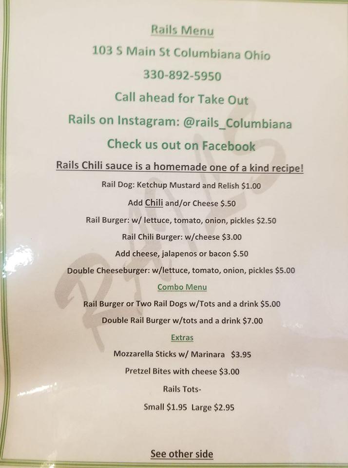 Menu at Rails Pool Hall and Grille, Columbiana