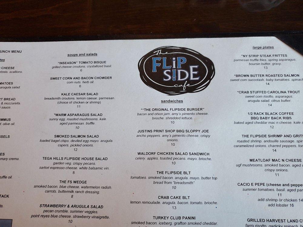 Menu at The Flipside Cafe, Fort Mill