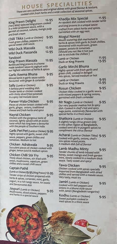Menu at The House of Spice restaurant, Shanklin