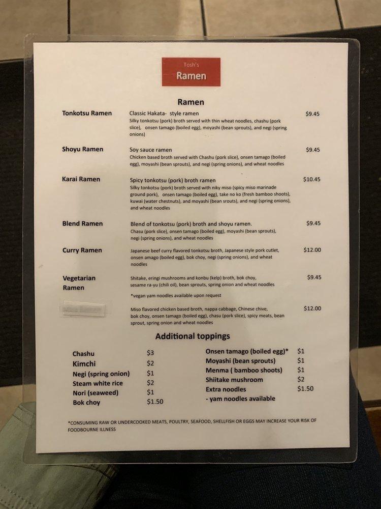 Menu at Tosh's Ramen restaurant, Salt Lake City, S State St