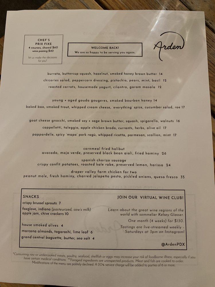 Menu at Arden Restaurant Portland, Portland