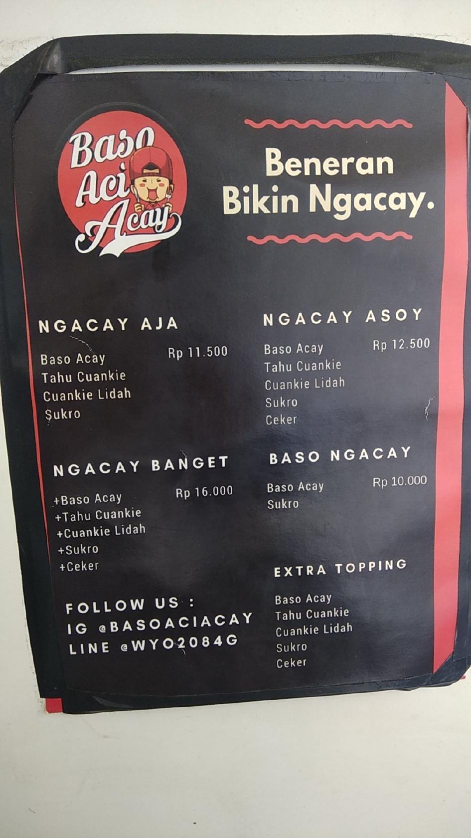 Menu at Baso Aci Acay restaurant, Garut