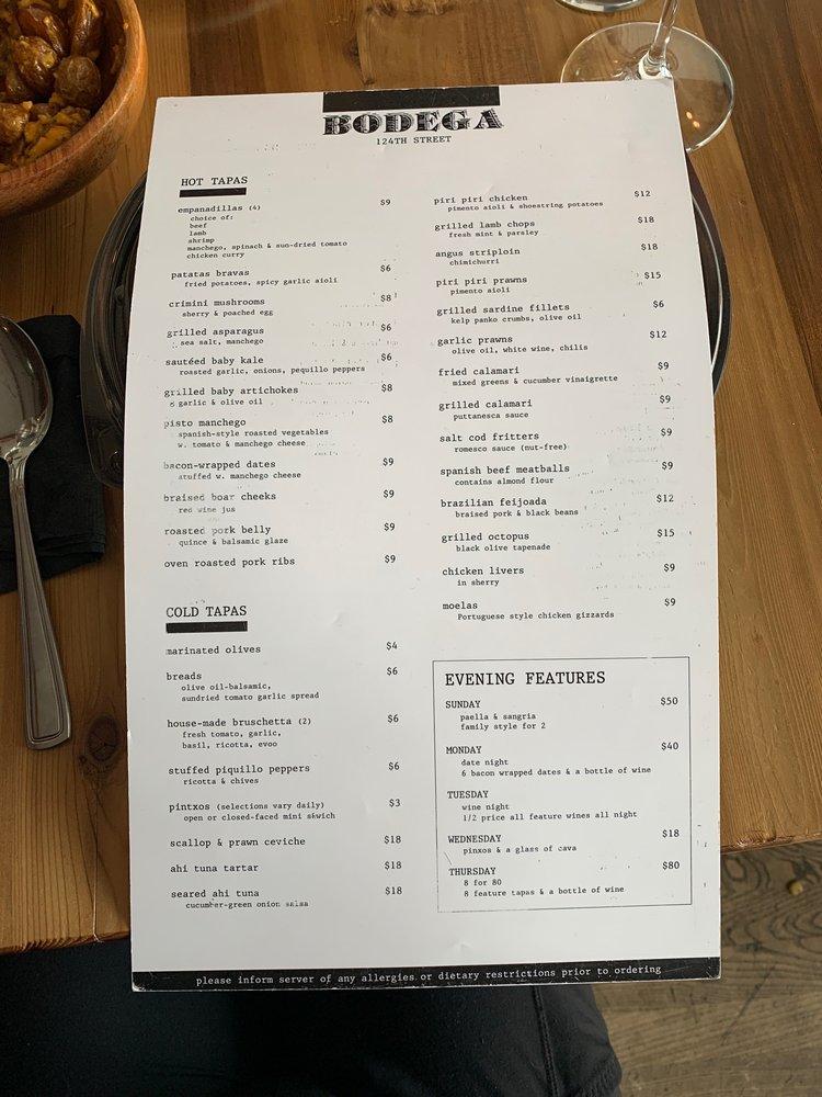 Menu at Bodega 124 Street restaurant, Edmonton, Stony Plain Rd