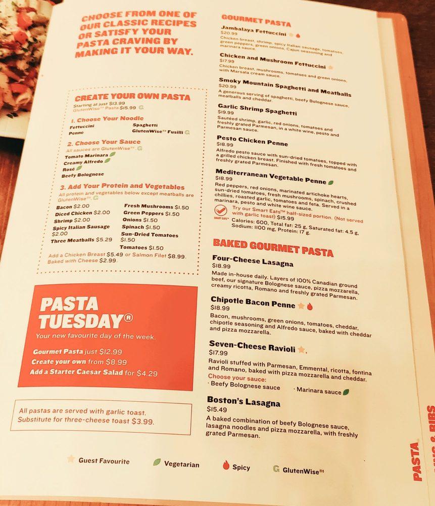 Carta de pizzería Boston Pizza, Hinton