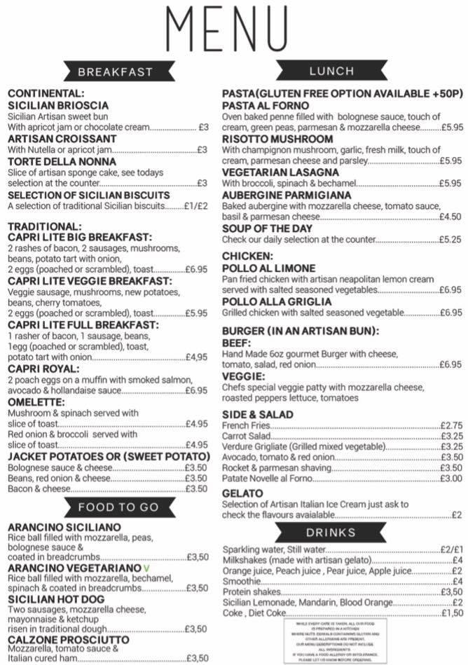 Menu at Capri Lite restaurant, Brighton