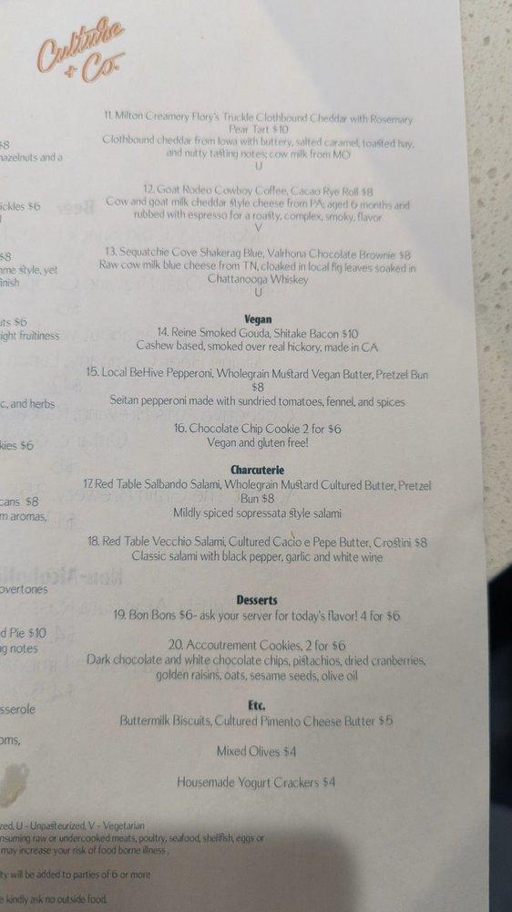 Menu at Culture + Co. pub & bar, Nashville