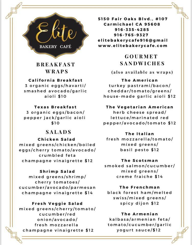 Menu at Elite Bakery Cafe, Carmichael