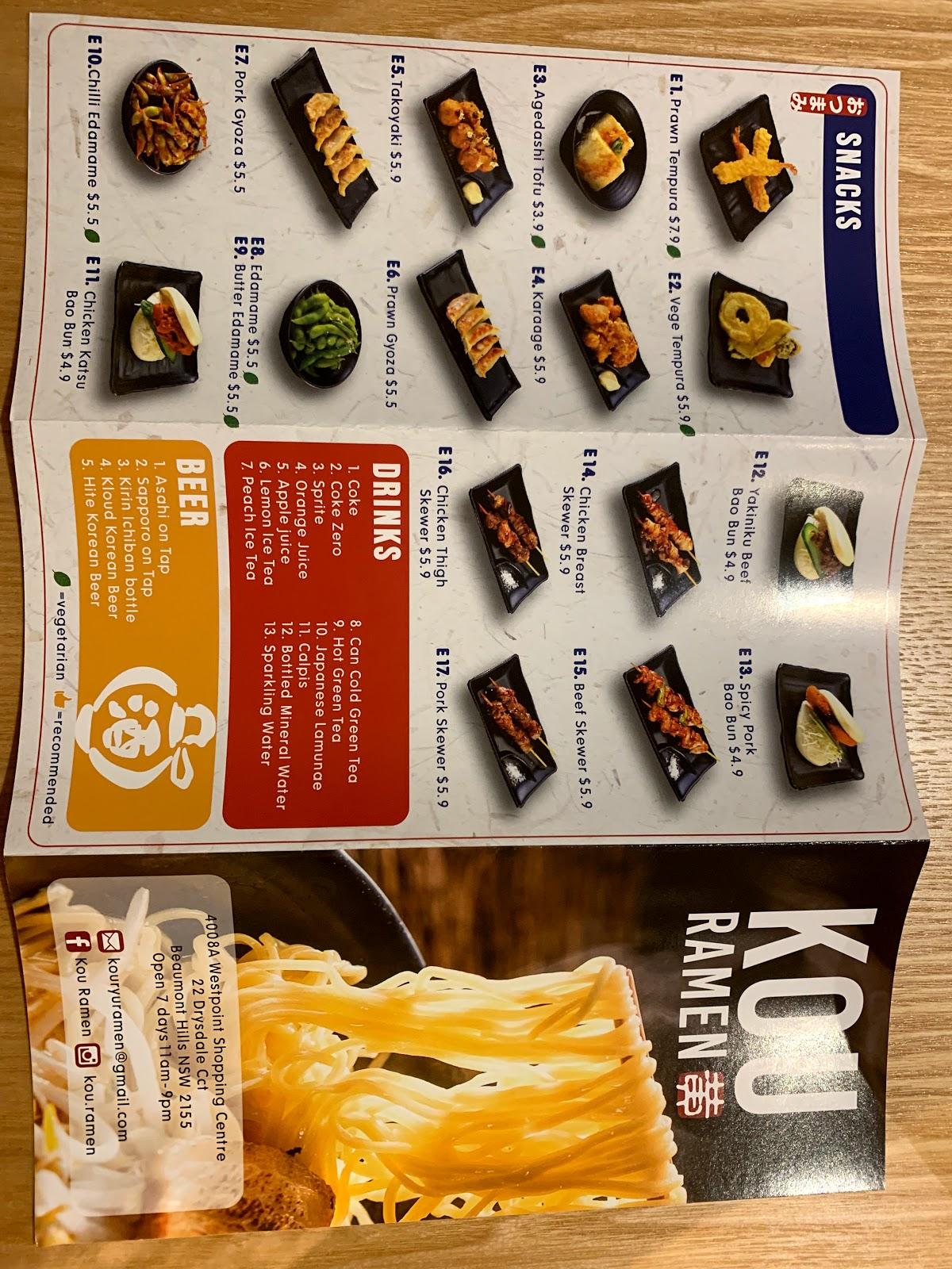 Menu at Kou Ramen restaurant, Blacktown