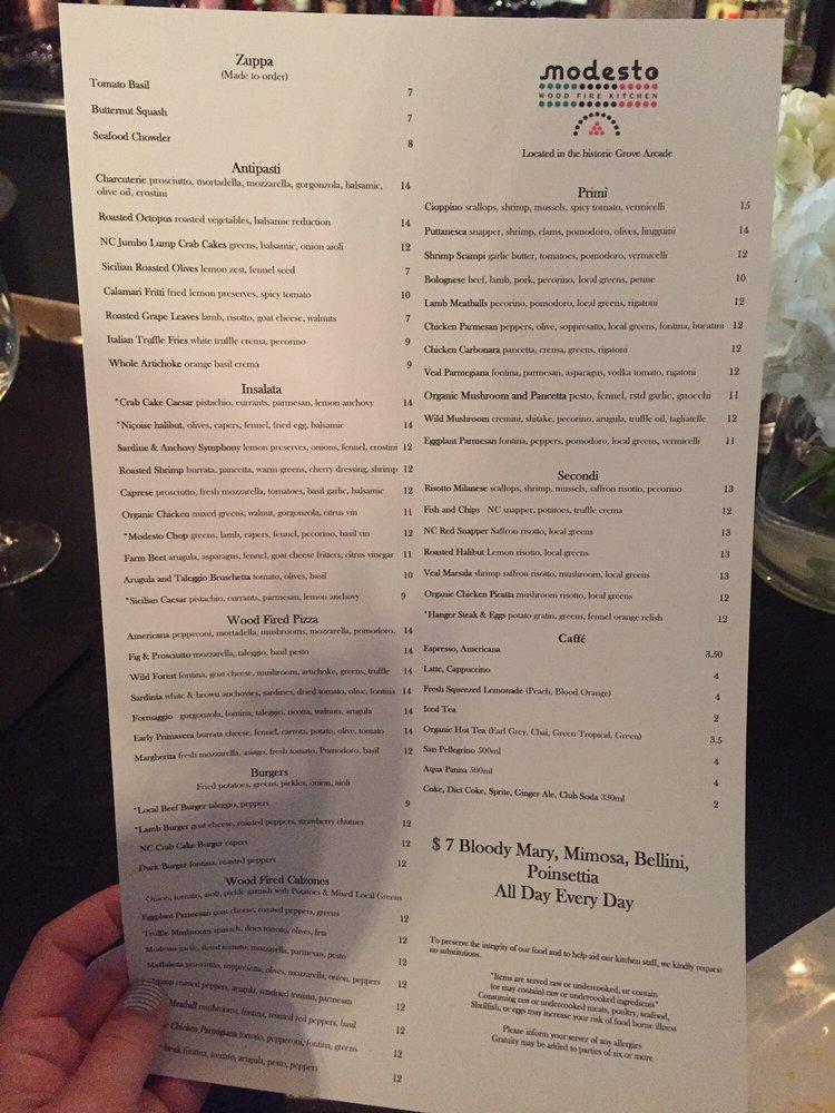 Menu at Modesto pizzeria, Asheville