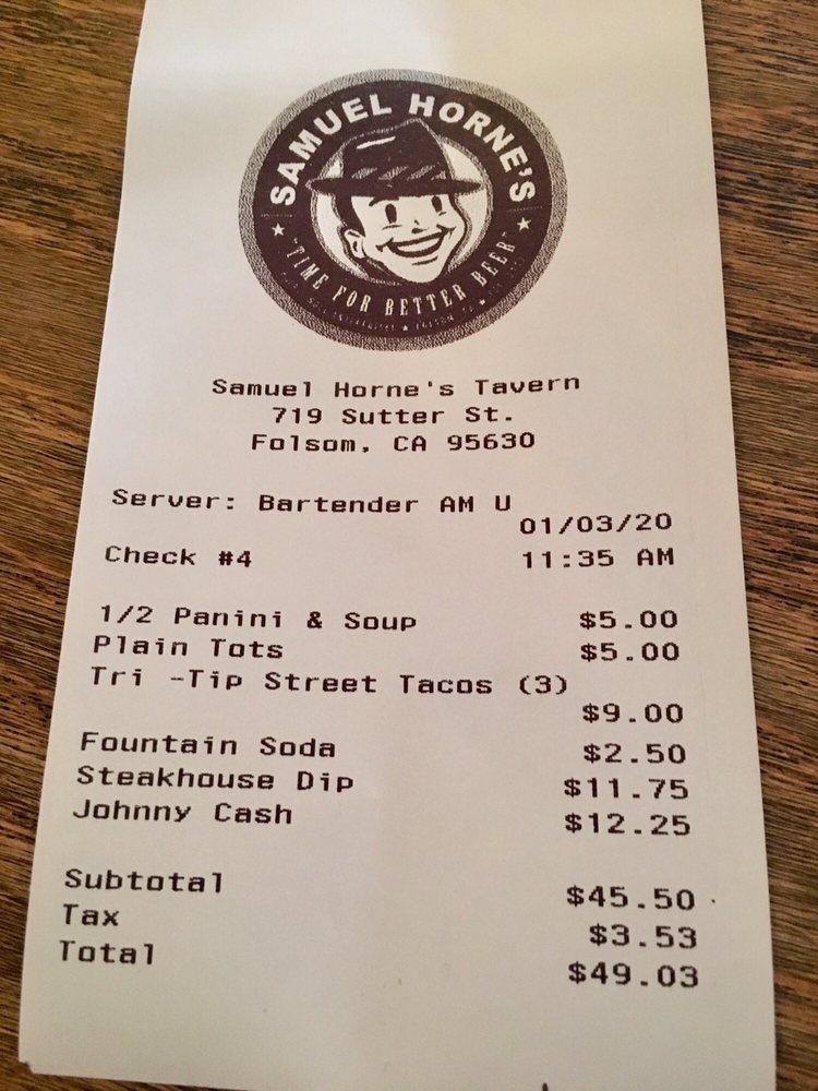 Menu at Samuel Horne's Tavern pub & bar, Folsom