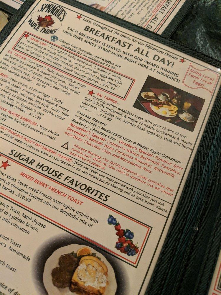 Menu at Sprague's Maple Farms restaurant, Portville