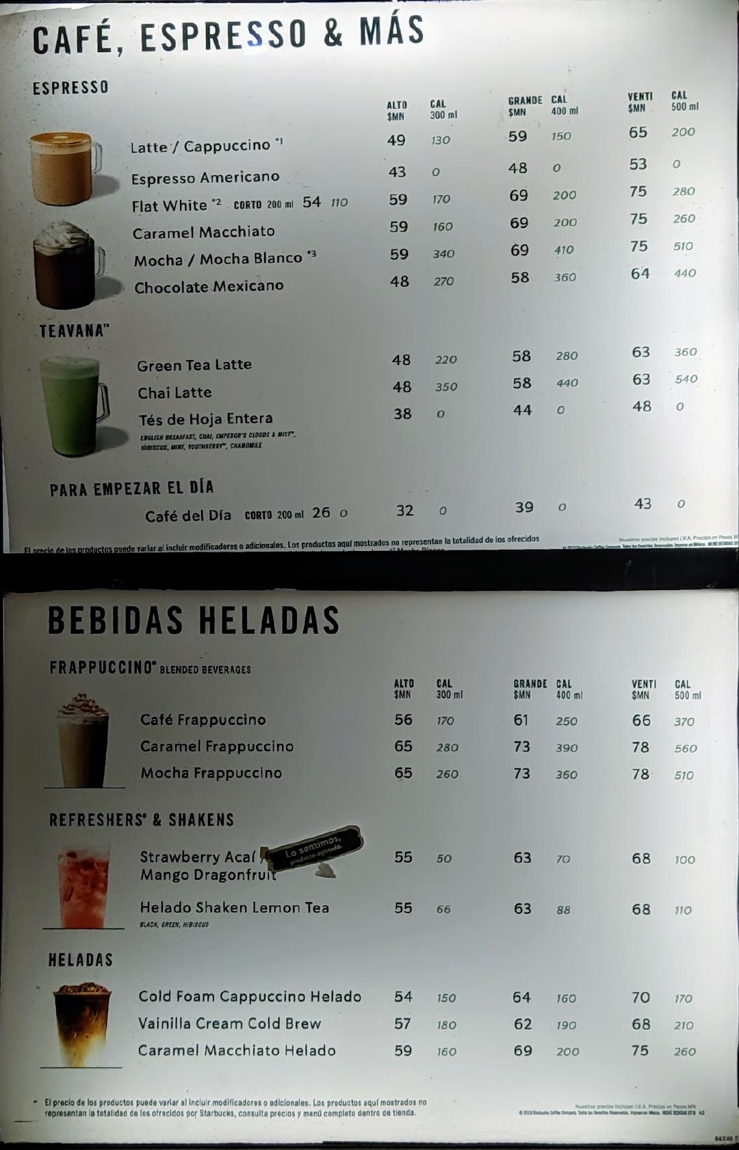 Carta del café Starbucks Hotel La Quinta DT, Saltillo, Perif. Luis ...