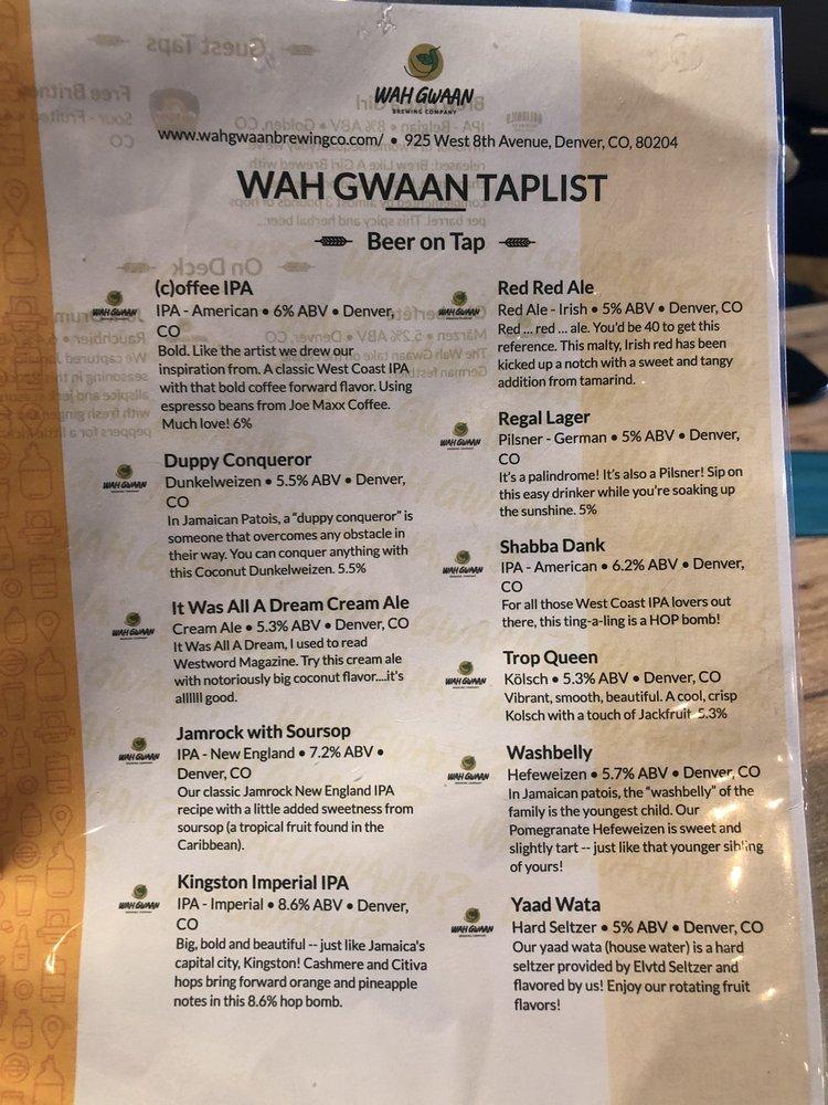Menu at Wah Gwaan, Denver