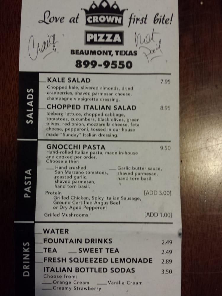 Menu at Crown Pizza pizzeria, Beaumont