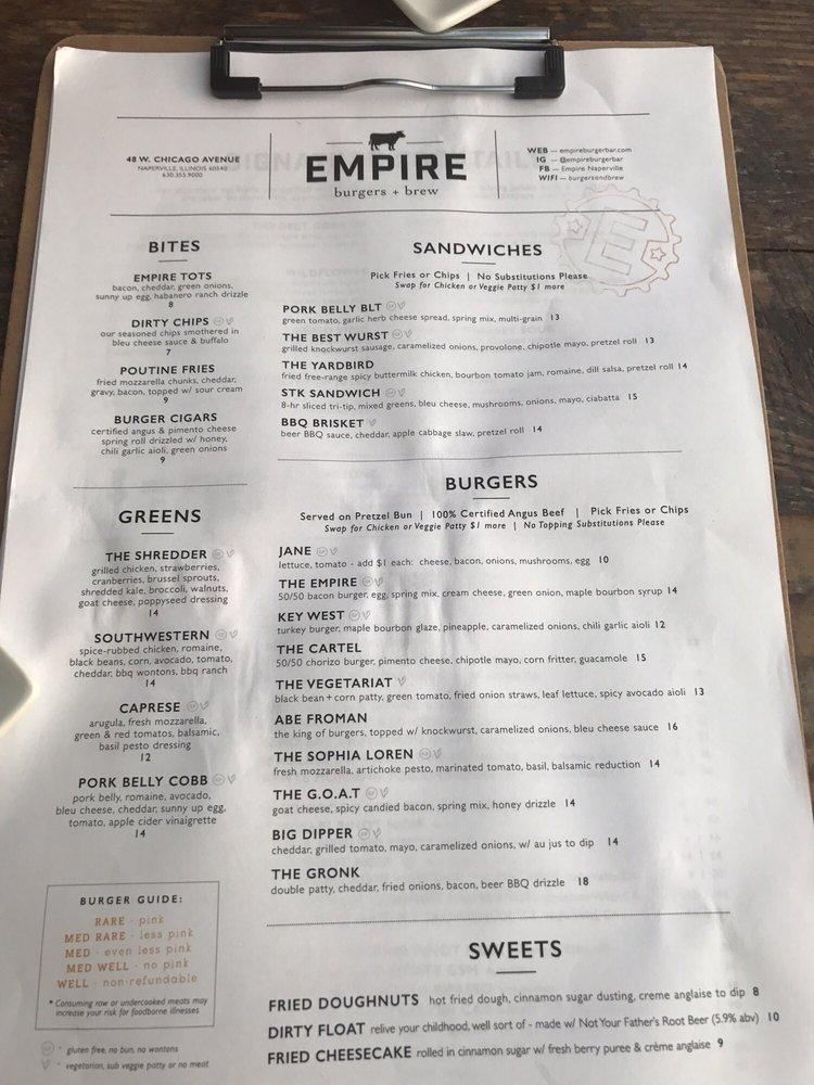 Menu at Empire Burgers & Brew pub & bar, Naperville